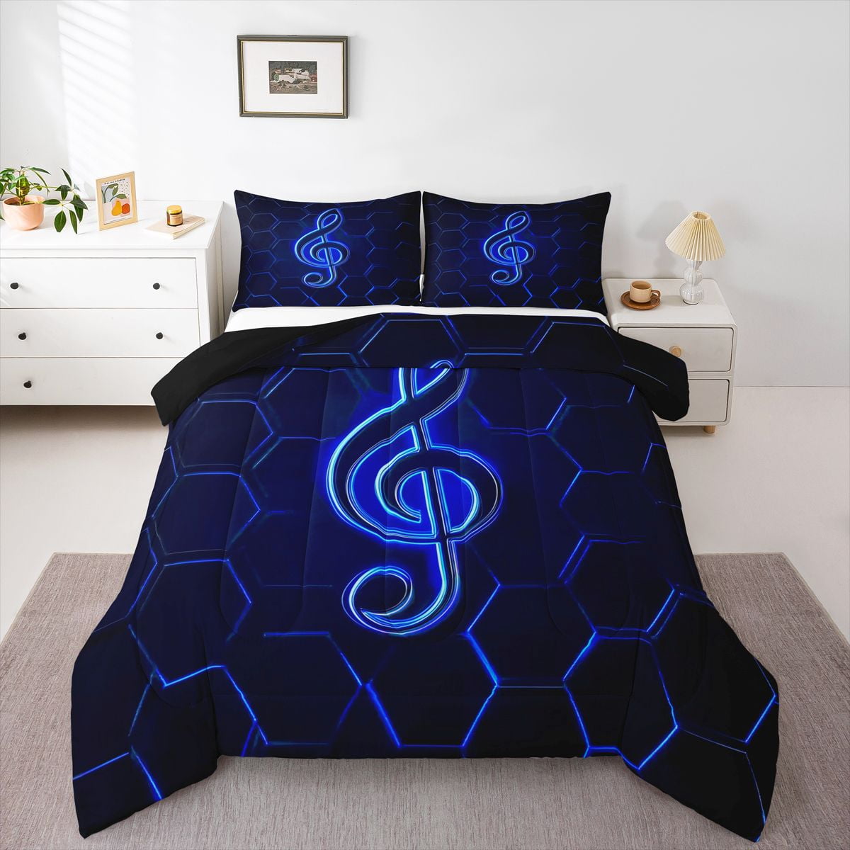 Blue Black Bedding Twin Musical Treble Clef Comforter Set, Glowing ...
