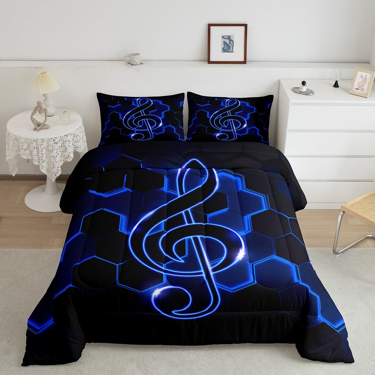 Blue Black Bedding Twin Musical Treble Clef Comforter Set, Glowing ...