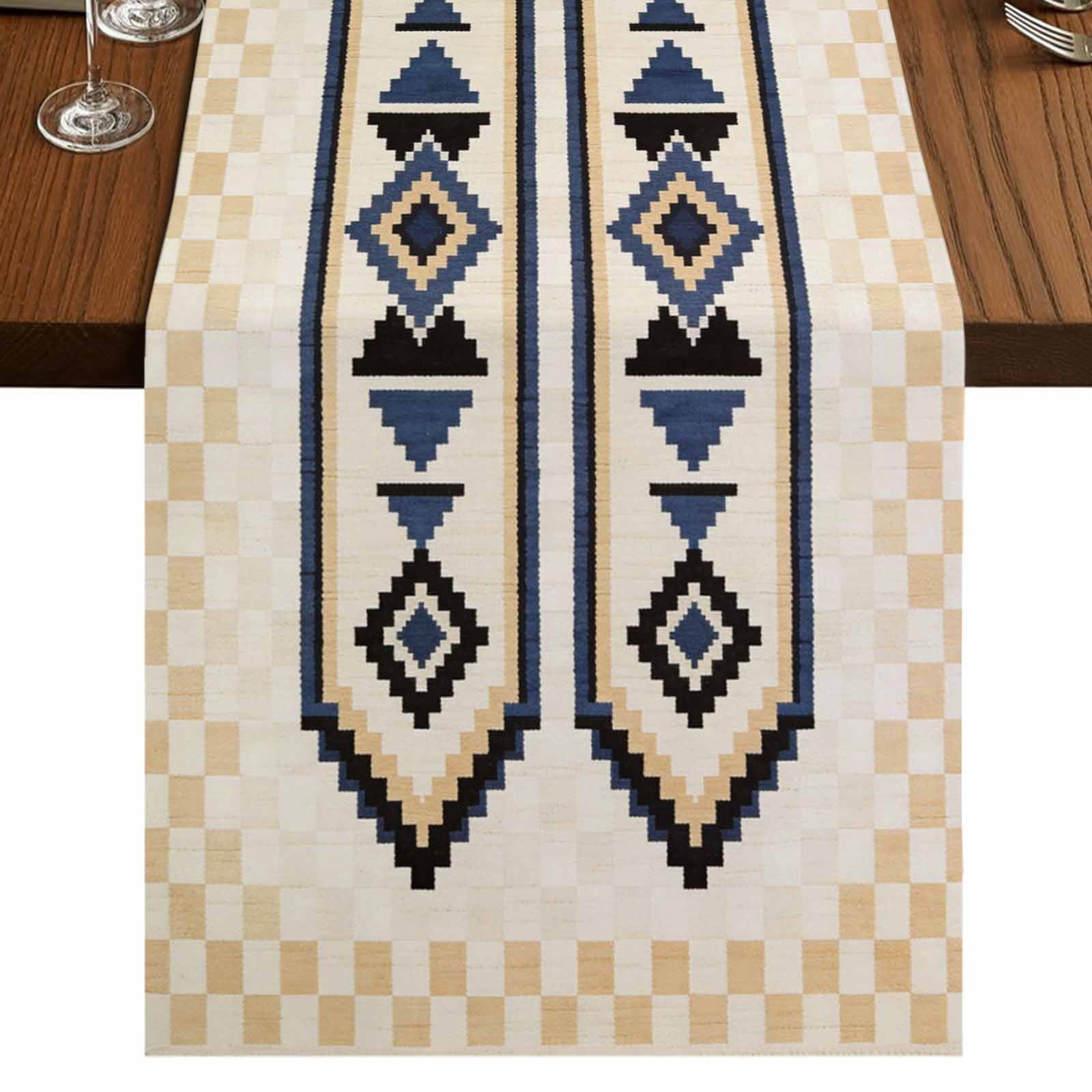Blue Black Beige Burlap Cotton Table Runner 13x108 Inches Long, Boho ...