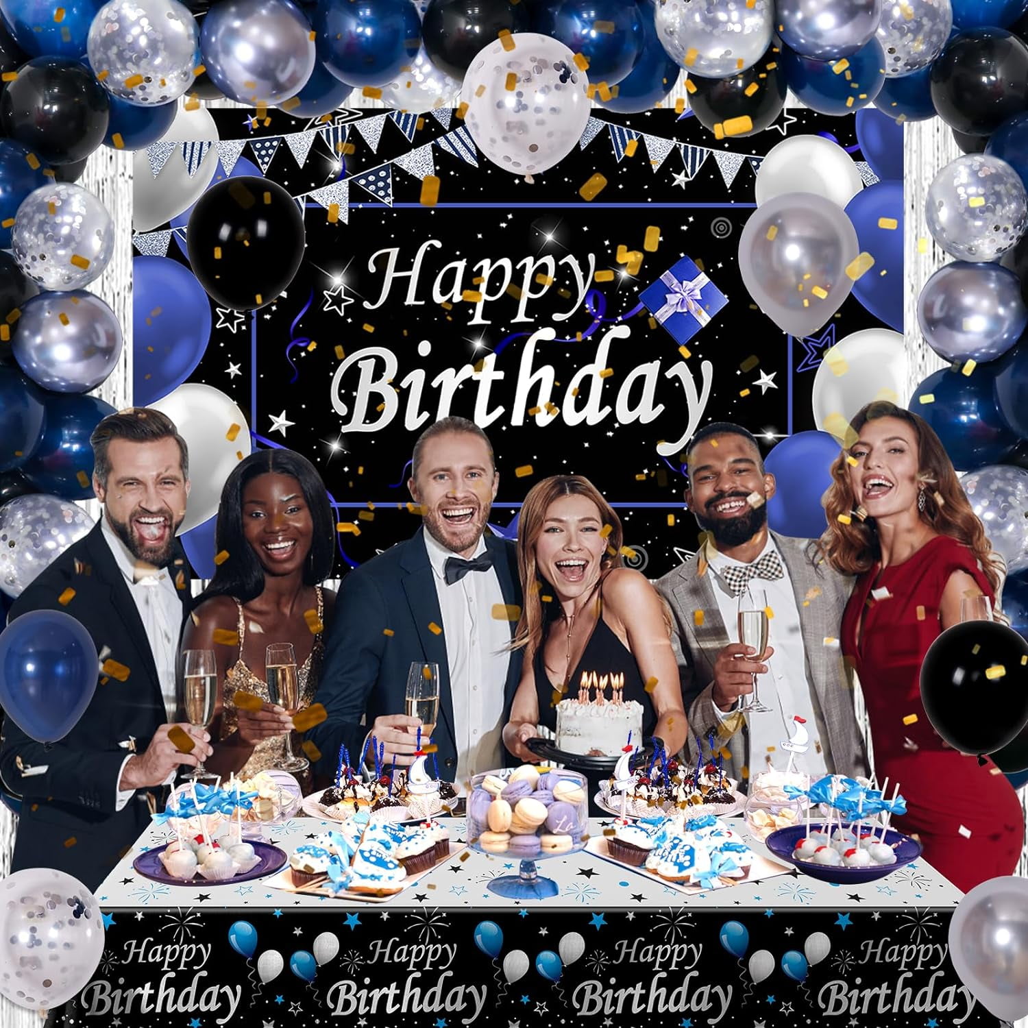 Blue and Black Birthday Decorations for Men Women, Happy Birthday ...