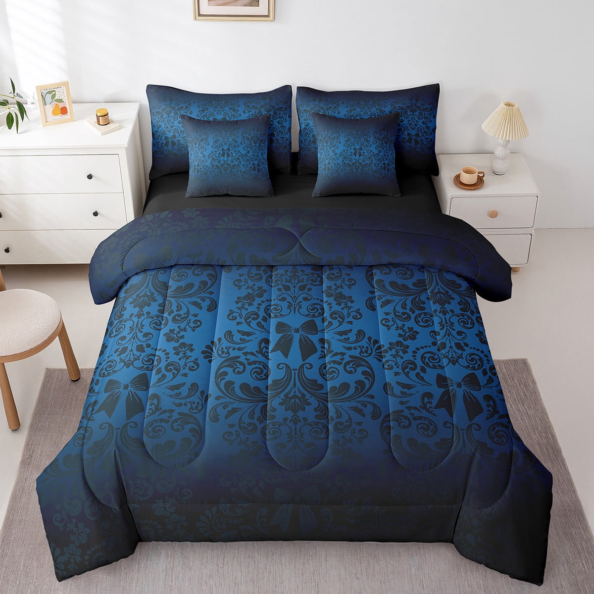 Blue Black Bow Knot Bed in a Bag Queen Comforter Set 7 Piece,Antique ...