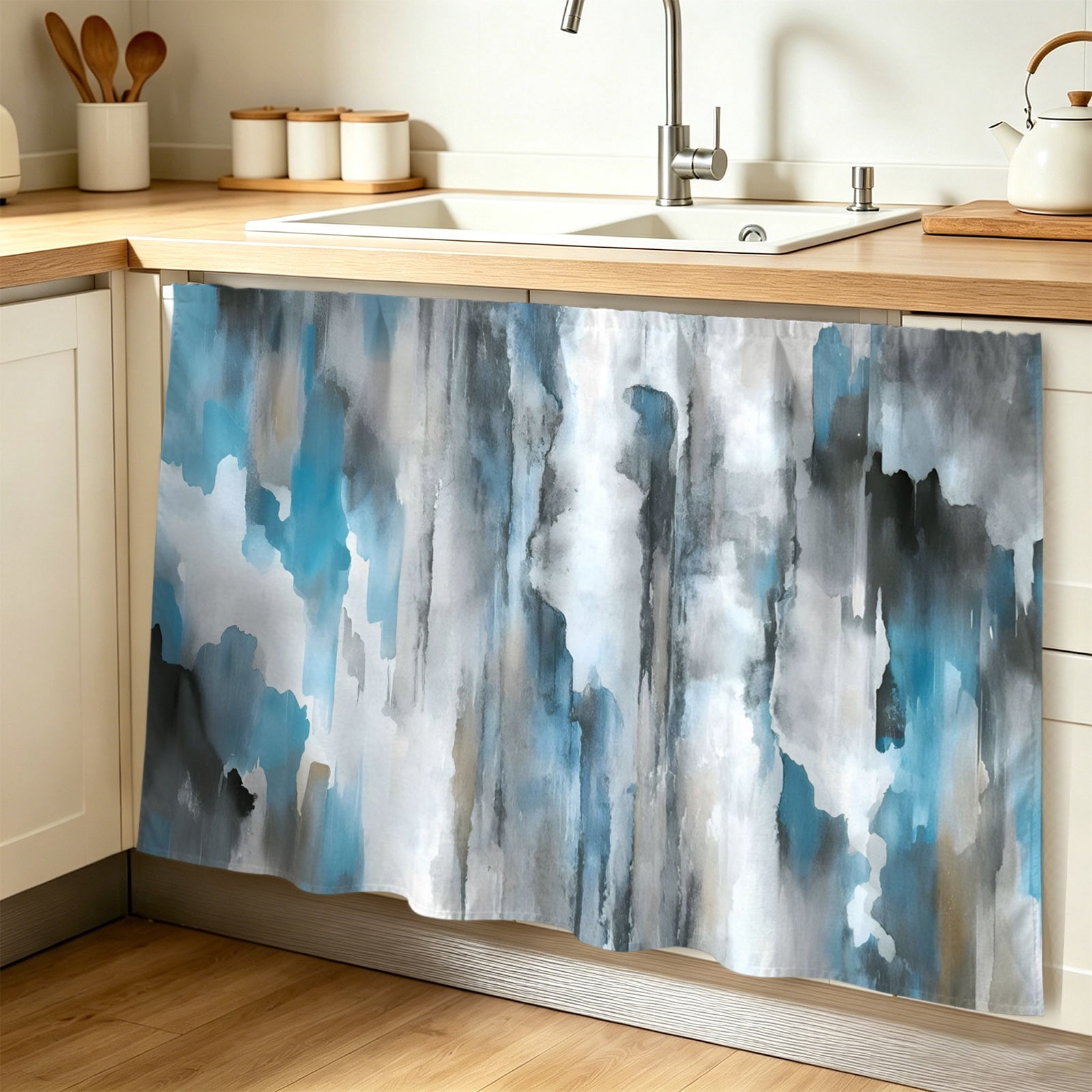 Blue Black Cabinet Curtain 28"W x 51"L, Watercolor Modern Abstract Art ...