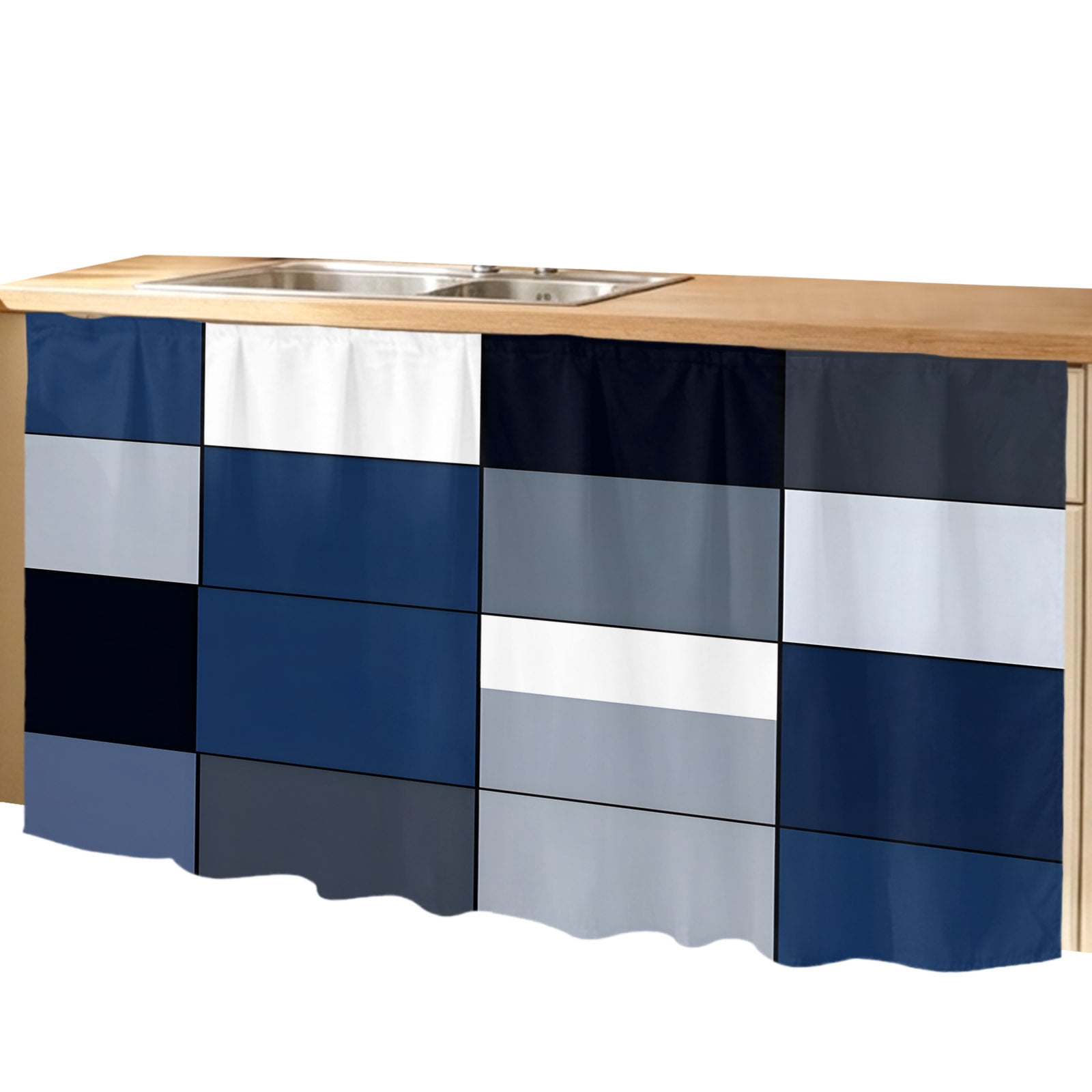 Blue Black Cabinet Curtains Geometric Abstract Color Block Plaid Modern ...