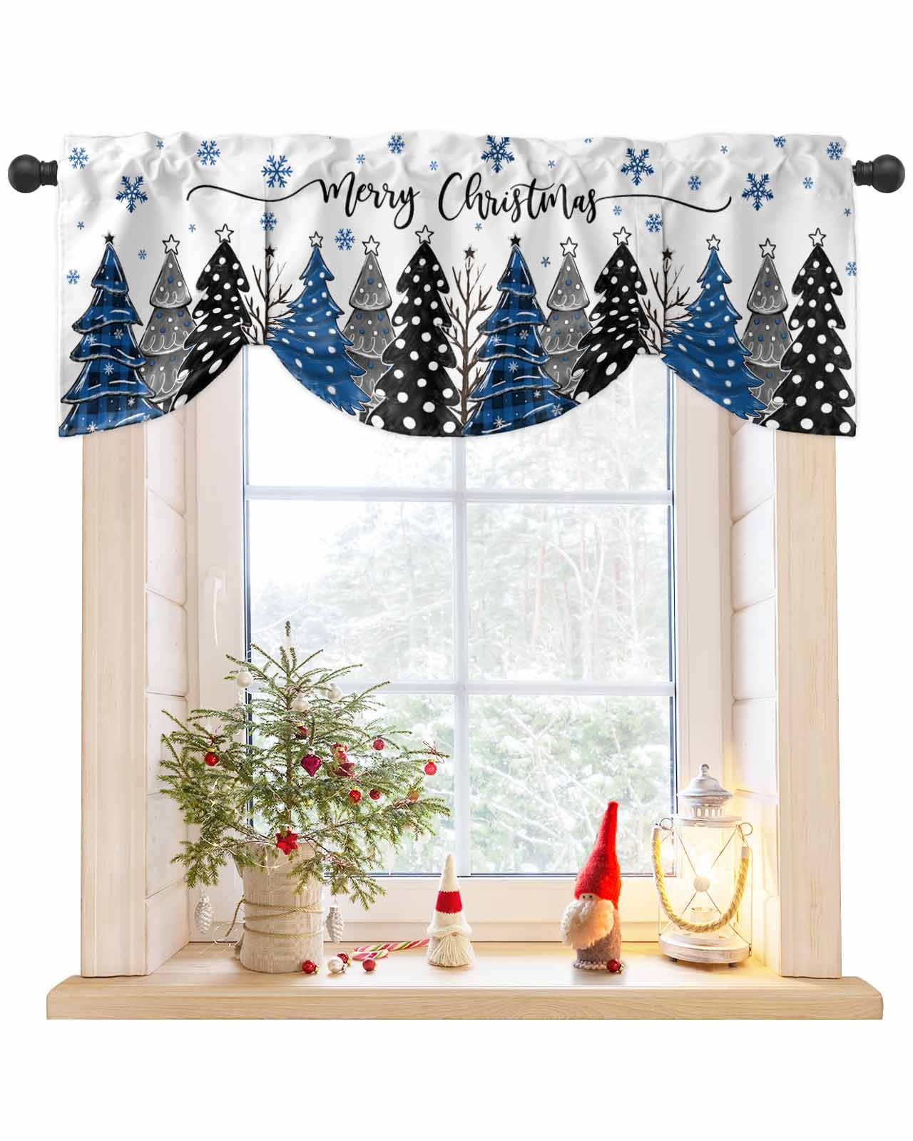 Blue Black Checked Christmas Pine Tree Tie Up Valance Curtains, Winter ...