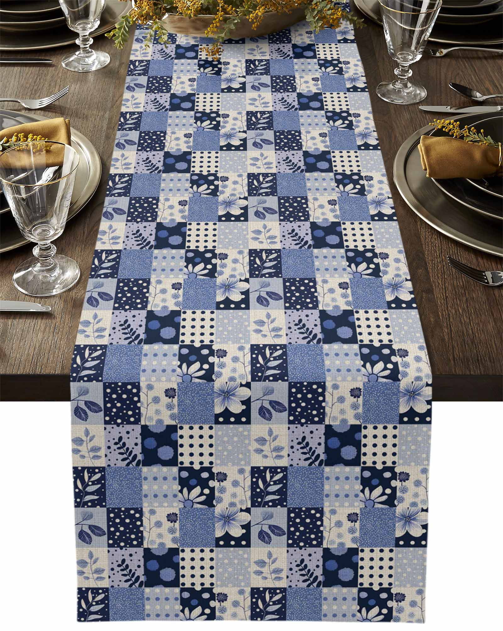 Blue Black Checker Texture Table Runners 13x36 Inches Long Linen Burlap ...