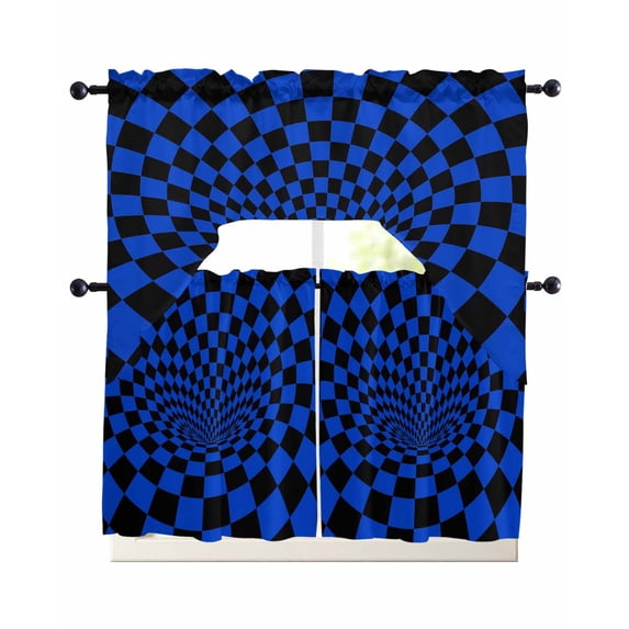 Blue Black Checkered Kitchen Curtains Sets 36 Inch Length with Valance ...
