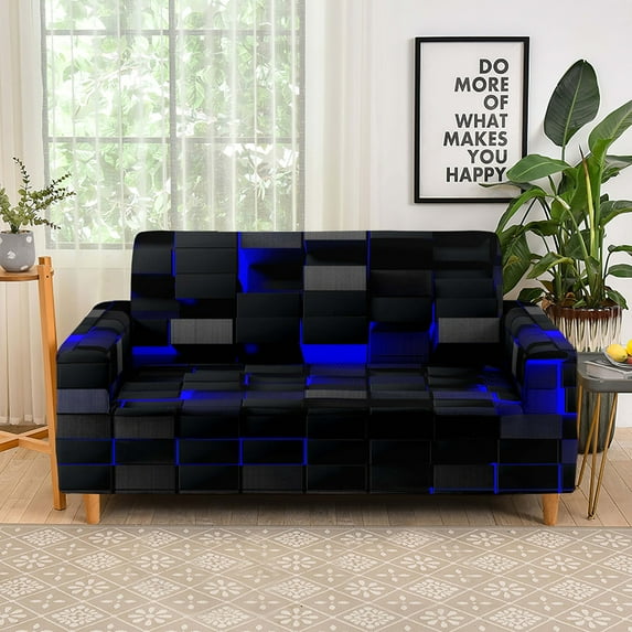 Blue Black Checkered Microfiber Sofa Slipcover, 1-4 Seater Digital ...