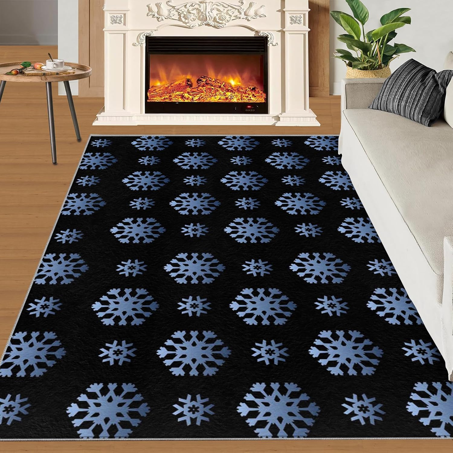 Blue Black Christmas Non-Slip Easy to Clean Carpet, Snow Winter ...