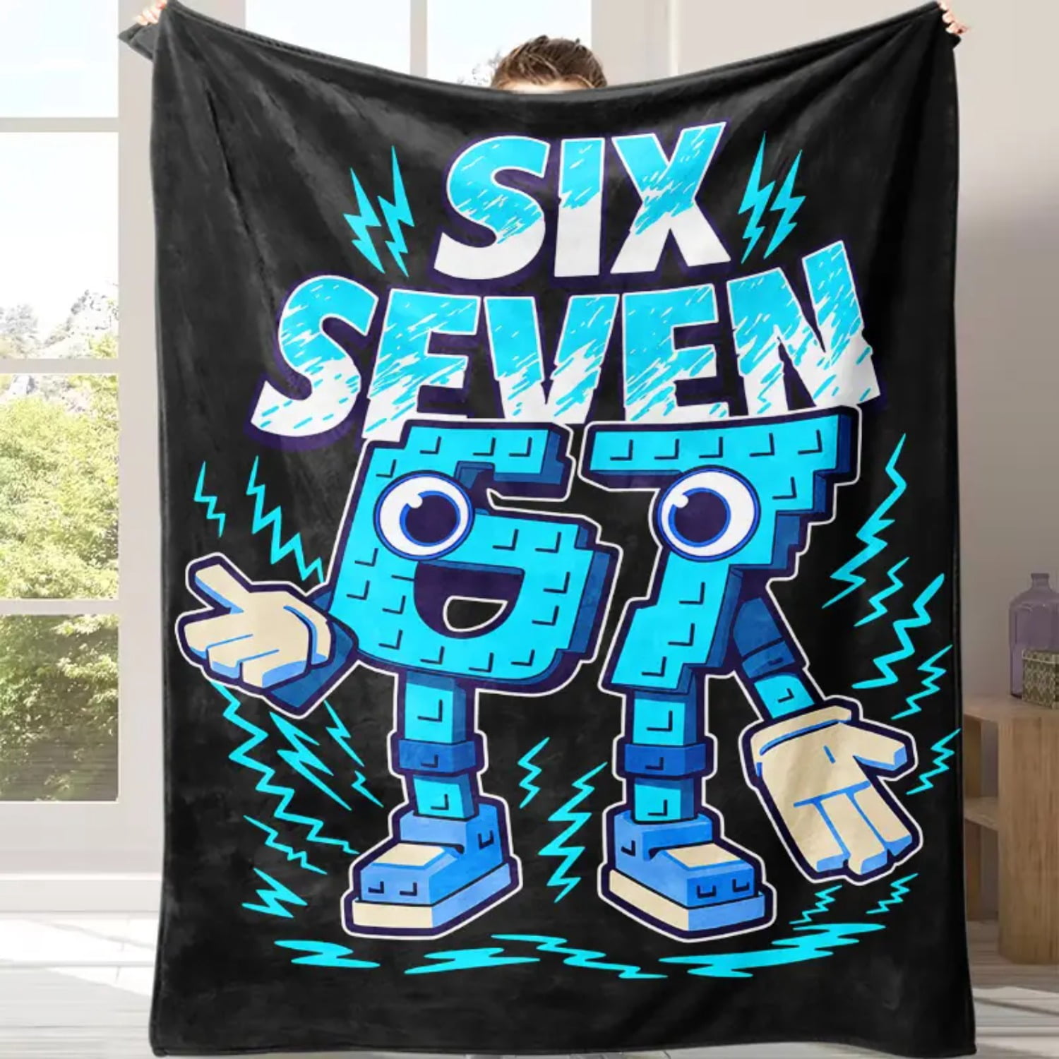 Blue-Black Color Block "67" Number Robot Lightning Flannel Blanket A ...