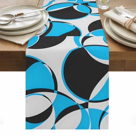 Blue Black Cotton Linen Table Runner Abstract Grey Black Blue Round ...