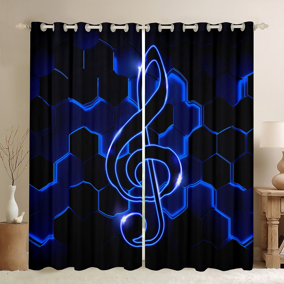 Blue Black Curtains Musical Treble Clef Curtains & Drapes, Glowing ...