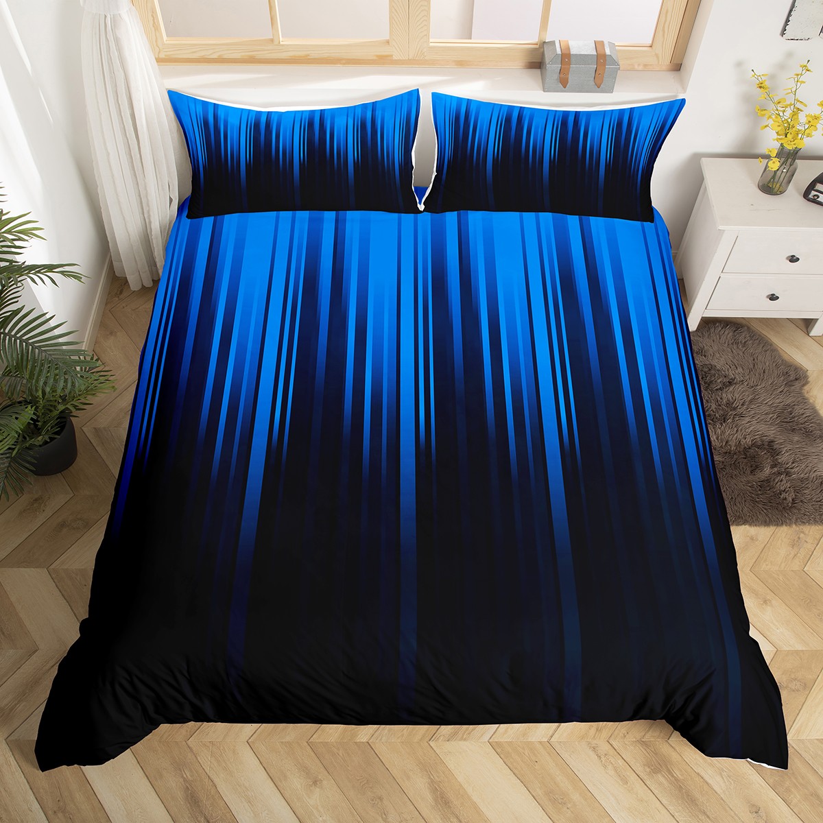 Blue Black Duvet Cover Stripes Lines Abstract Gradient Bedding Set King ...