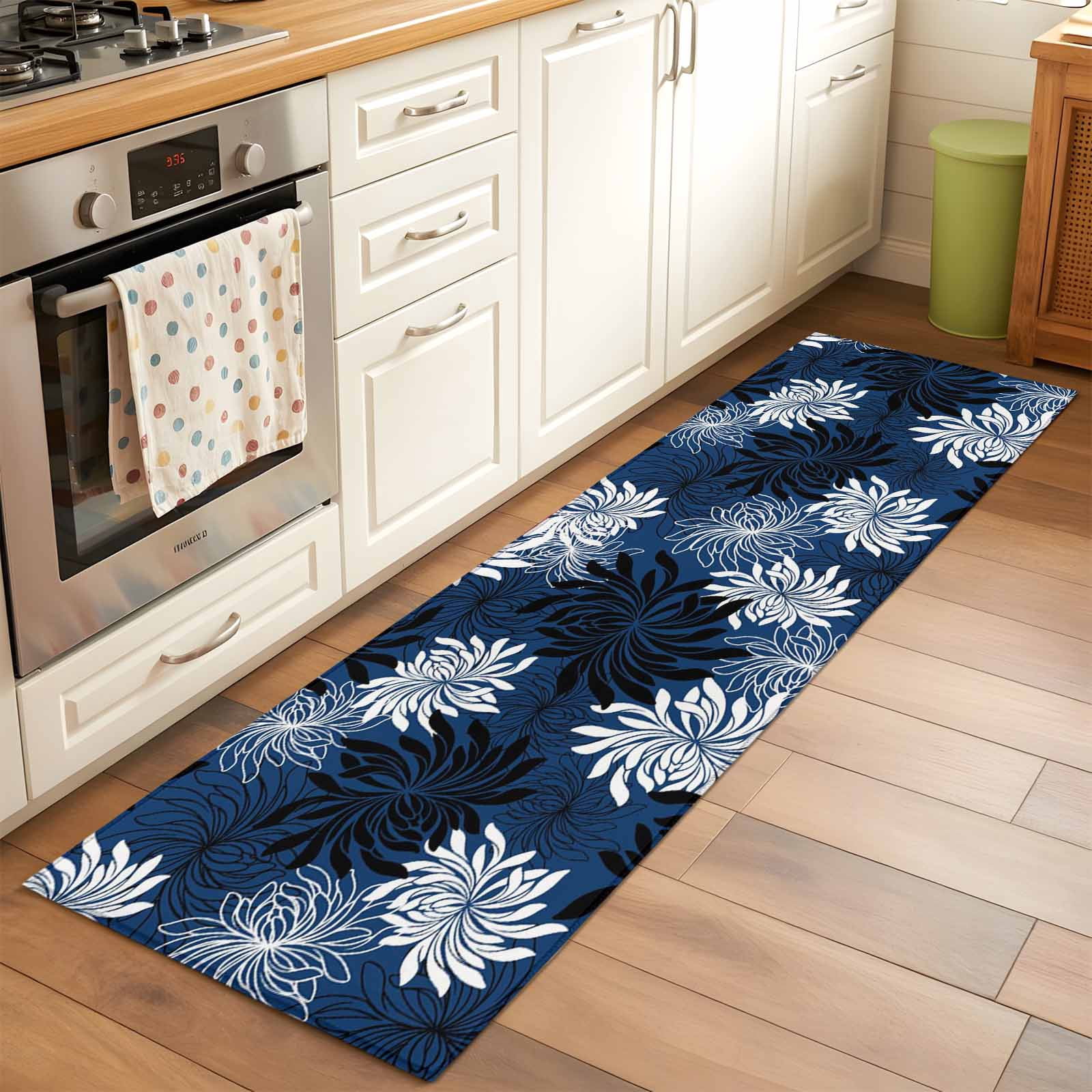 Blue Black Floral Hallway Washable Runner Rug 2x6 Vintage Blue White ...
