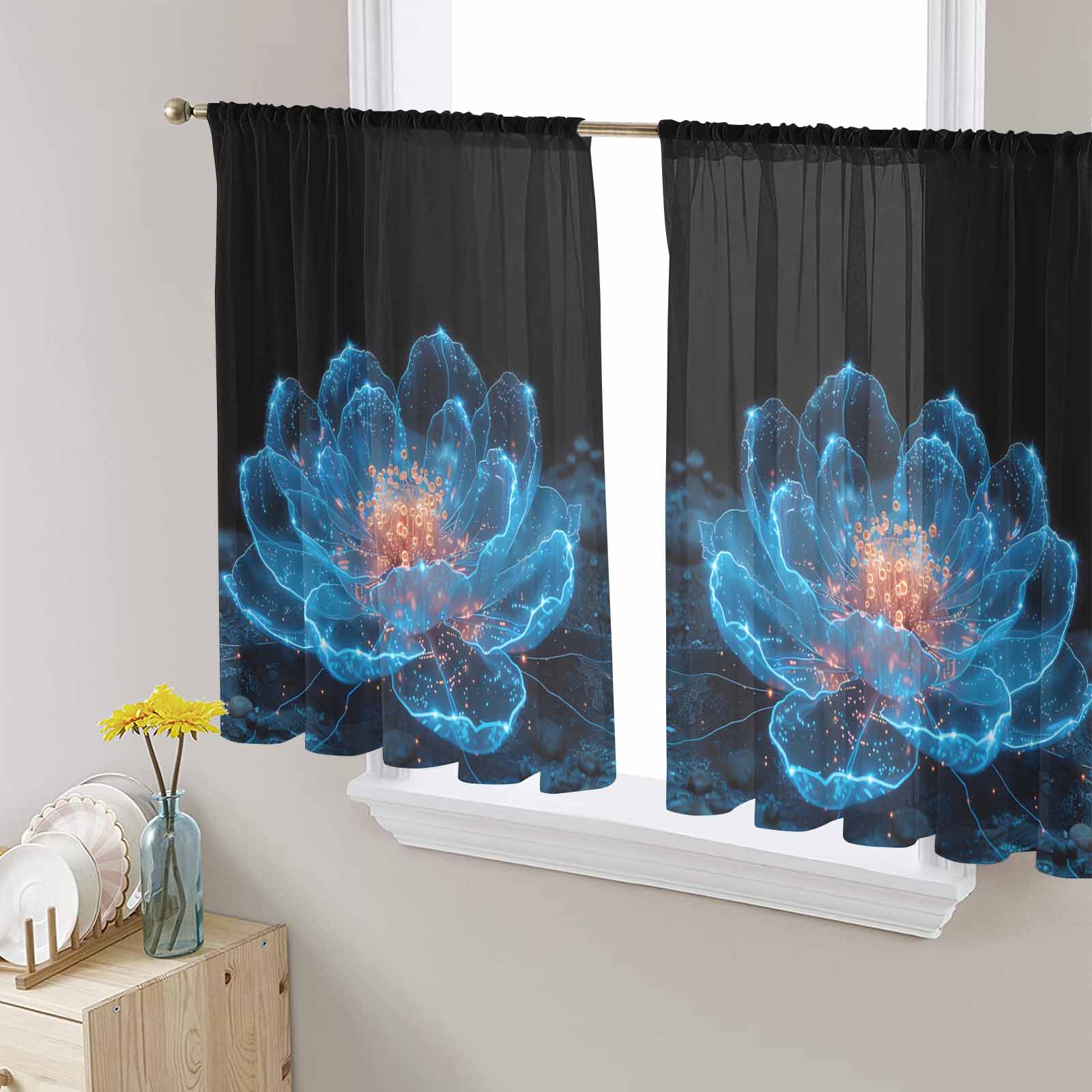 Blue Black Floral Sheer Curtains 54 Inches Length 2 Panels Set, Window ...