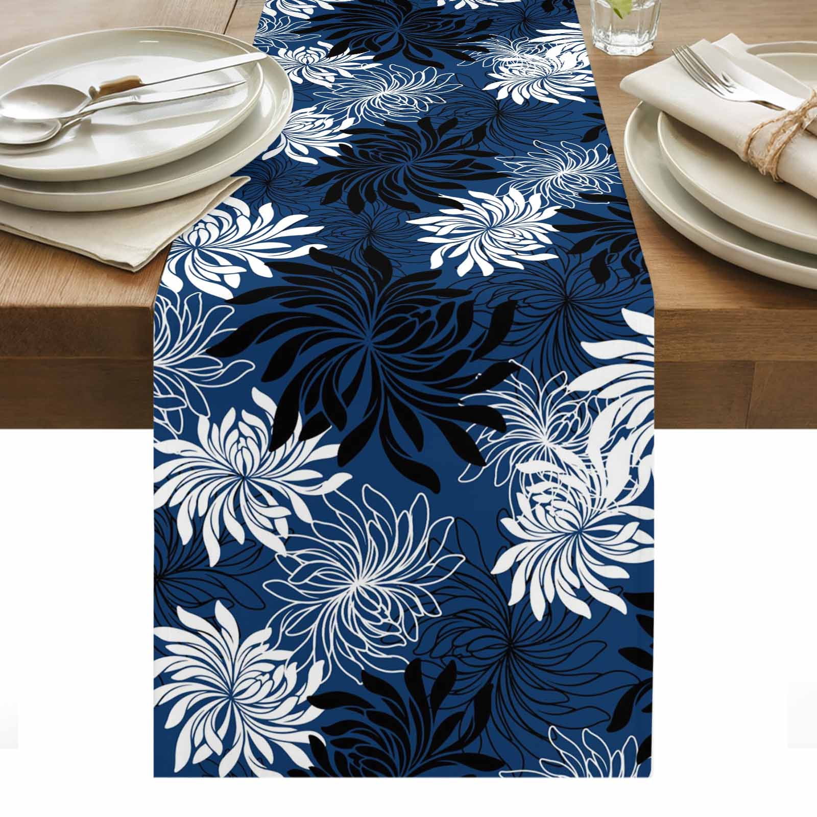 Blue Black Floral Table Runner 13 x 108 Inch, Vintage Blue White Black ...