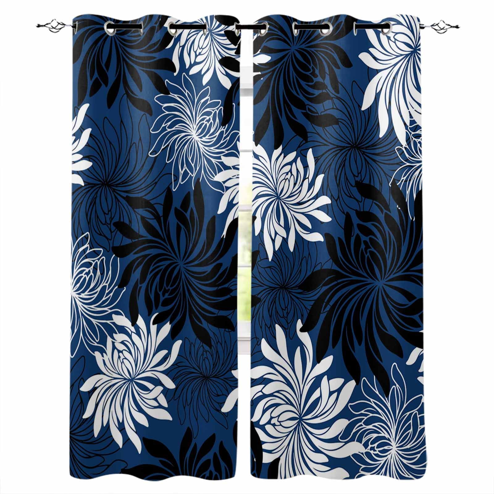Blue Black Flowers Blackout Curtains for Bedroom Living Room Darkening ...