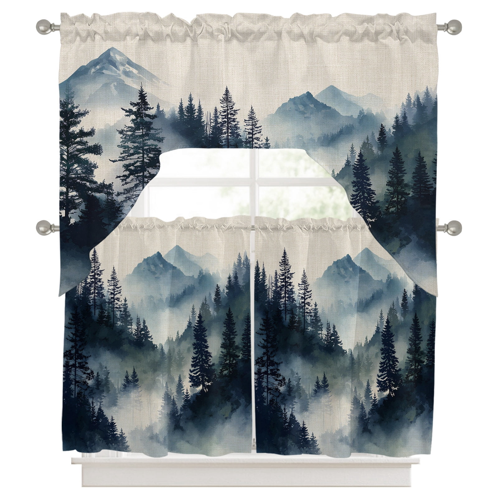 Blue Black Foggy Forest Kitchen Curtains Swag Valance and Tier Curtains ...