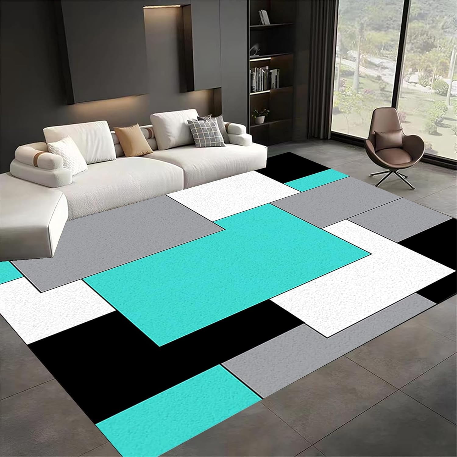 Blue Black Geometric Area Rug, Abstract Color Block Pattern Carpet ...