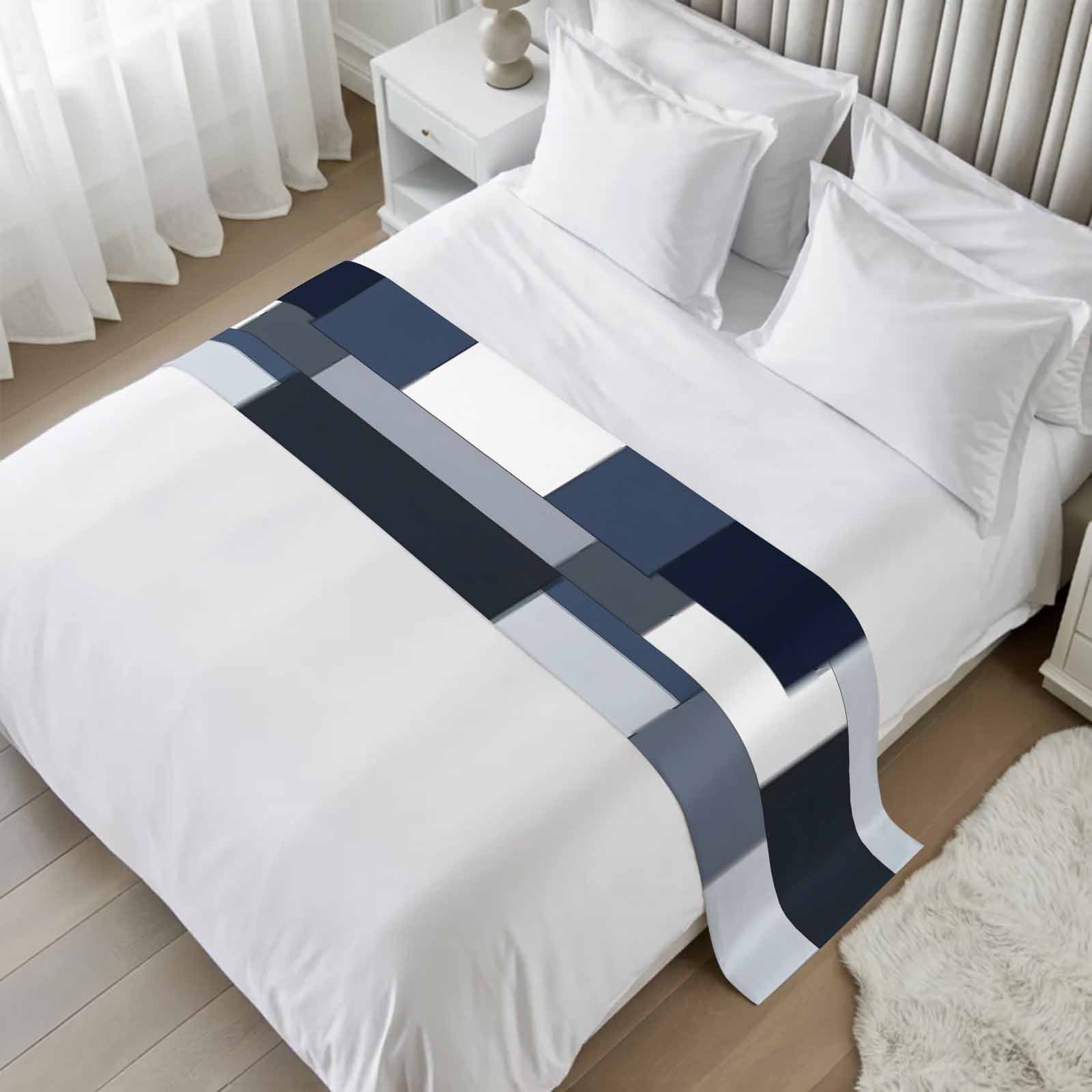 Blue Black Geometric Bed Runner Scarf, Abstract Patchwork Modern Art ...