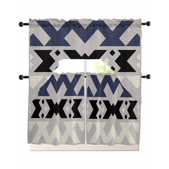 Blue Black Geometric Kitchen Curtains Sets 24 Inch Length with Valance ...