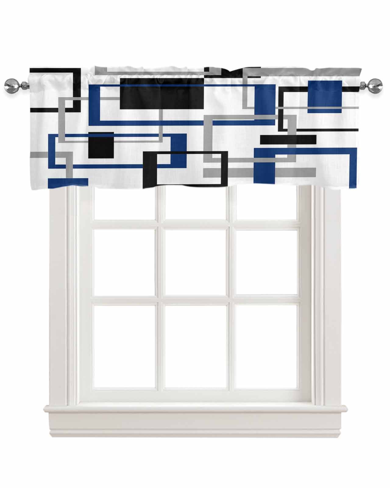 Blue Black Geometric Kitchen Valances for Windows Farmhouse Linen ...