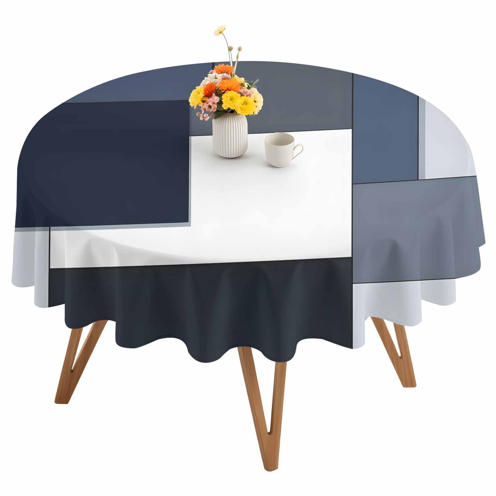 Blue Black Geometric Round Tablecloth 60 inches Abstract Patchwork ...