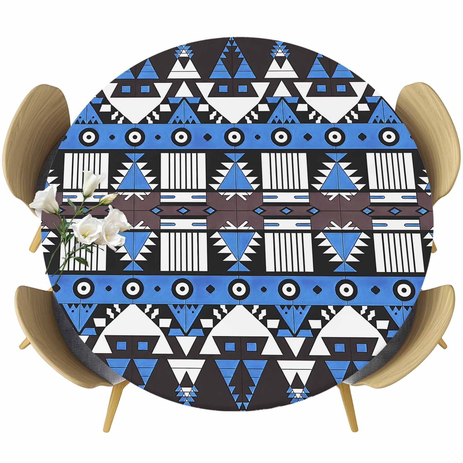 Blue Black Geometric Round Tablecloth, Fitted Table Cover with Elastic ...