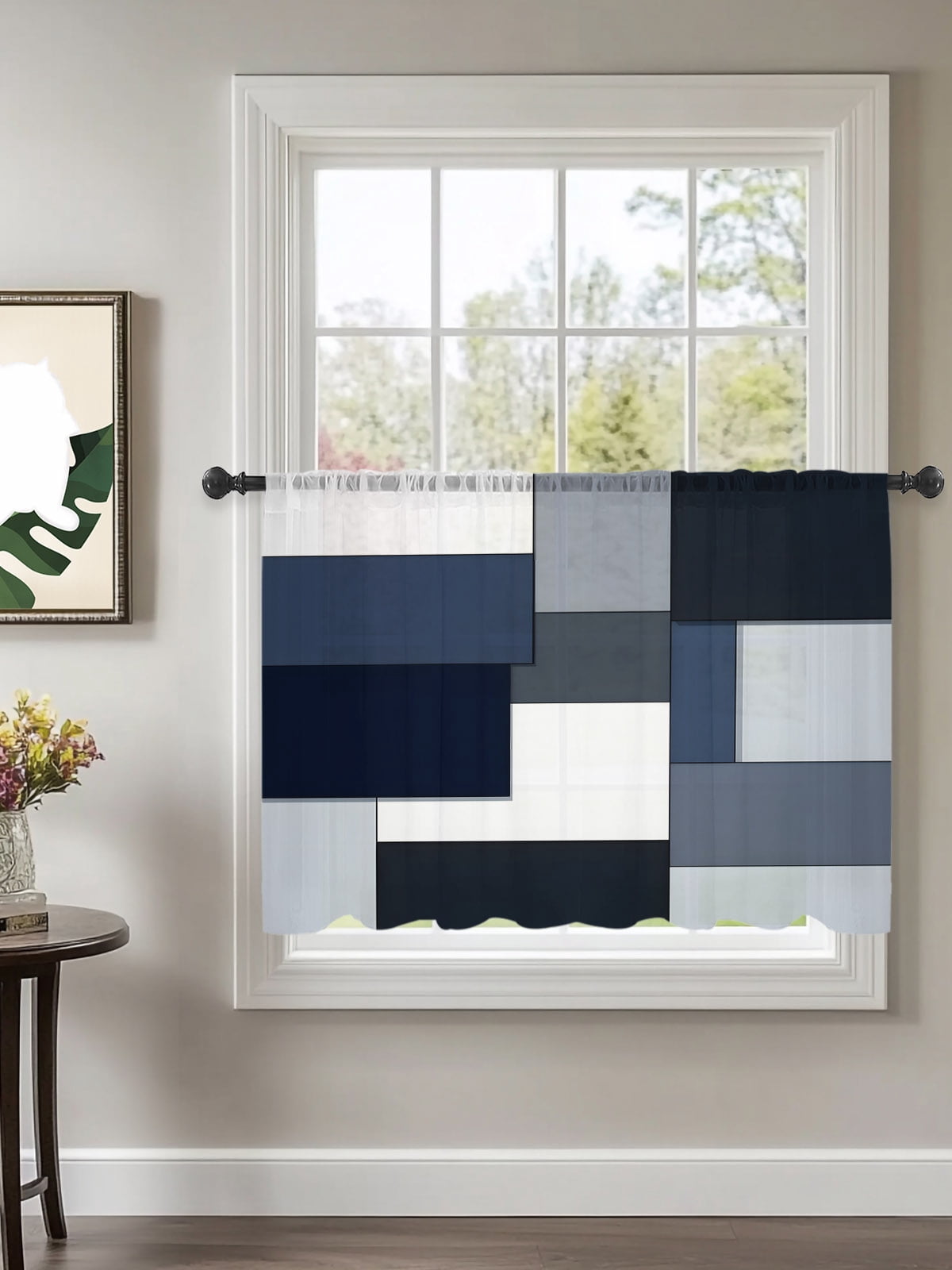 Blue Black Geometric Sheer Curtains 45 Inch Long 1 Panel Abstract ...