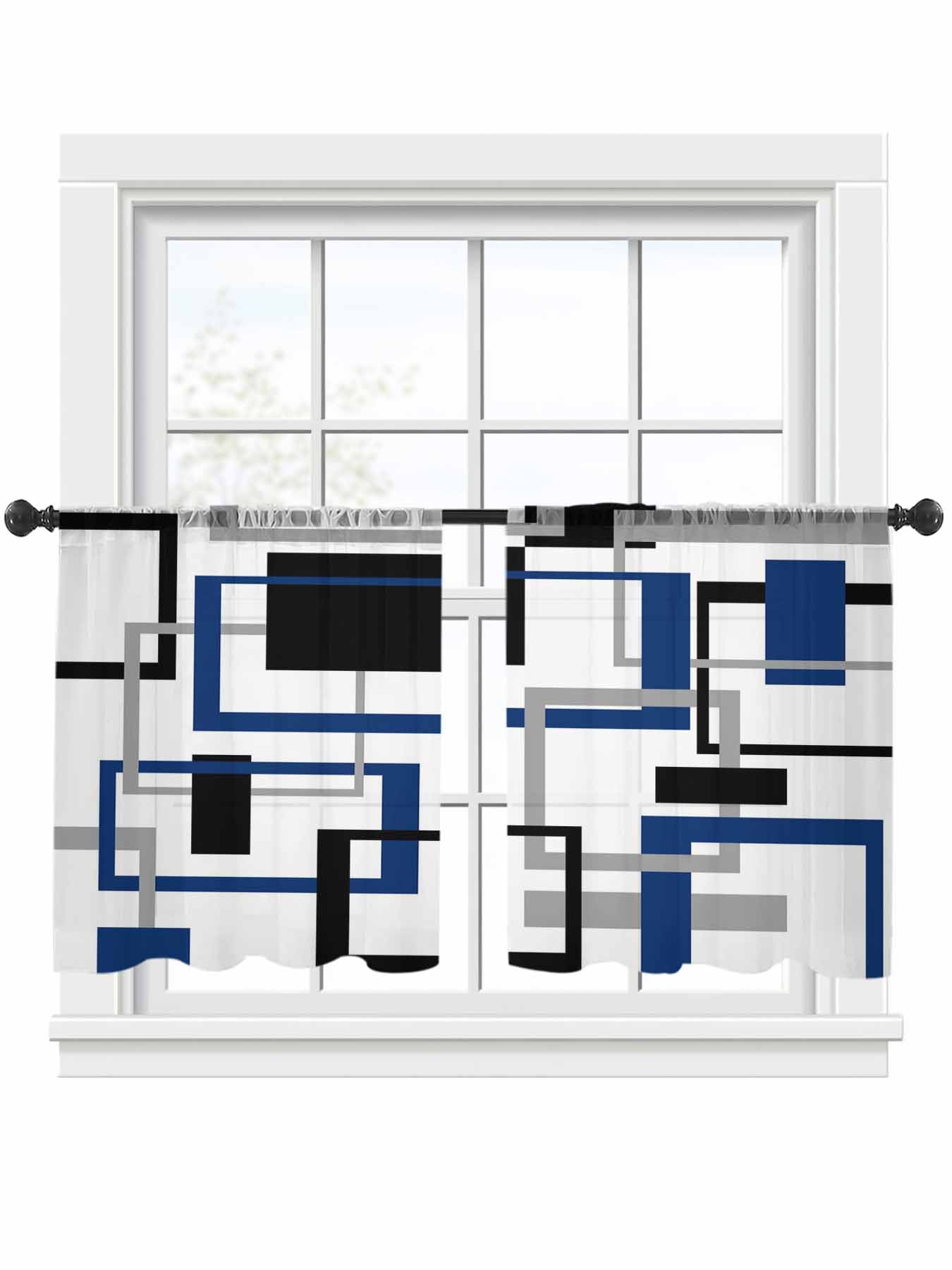 Blue Black Geometric Sheer Curtains 54 Inch Length 2 Panels Set, Semi ...