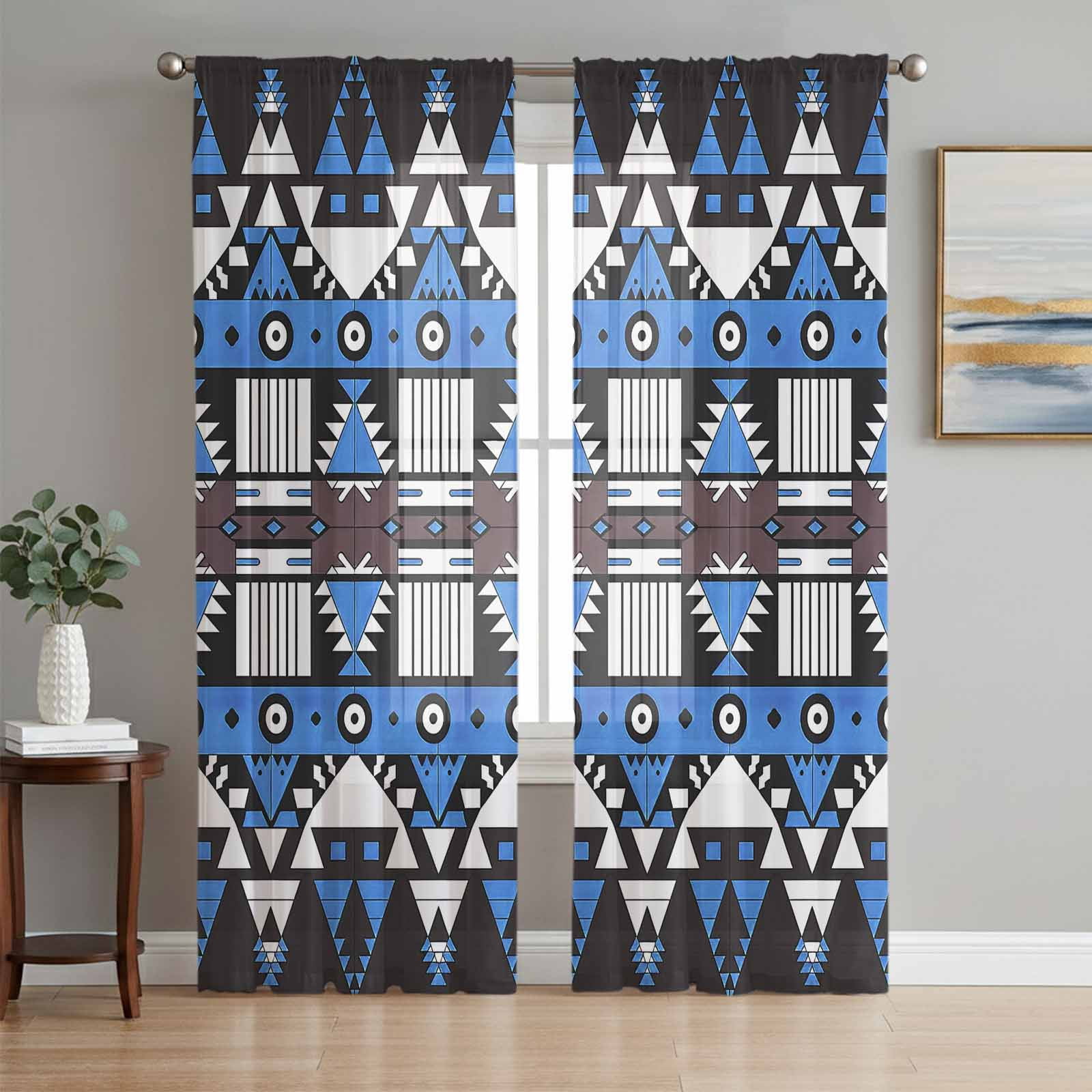 Blue Black Geometric Sheer Curtains 63 Inch Length 2 Panels Set, Modern ...