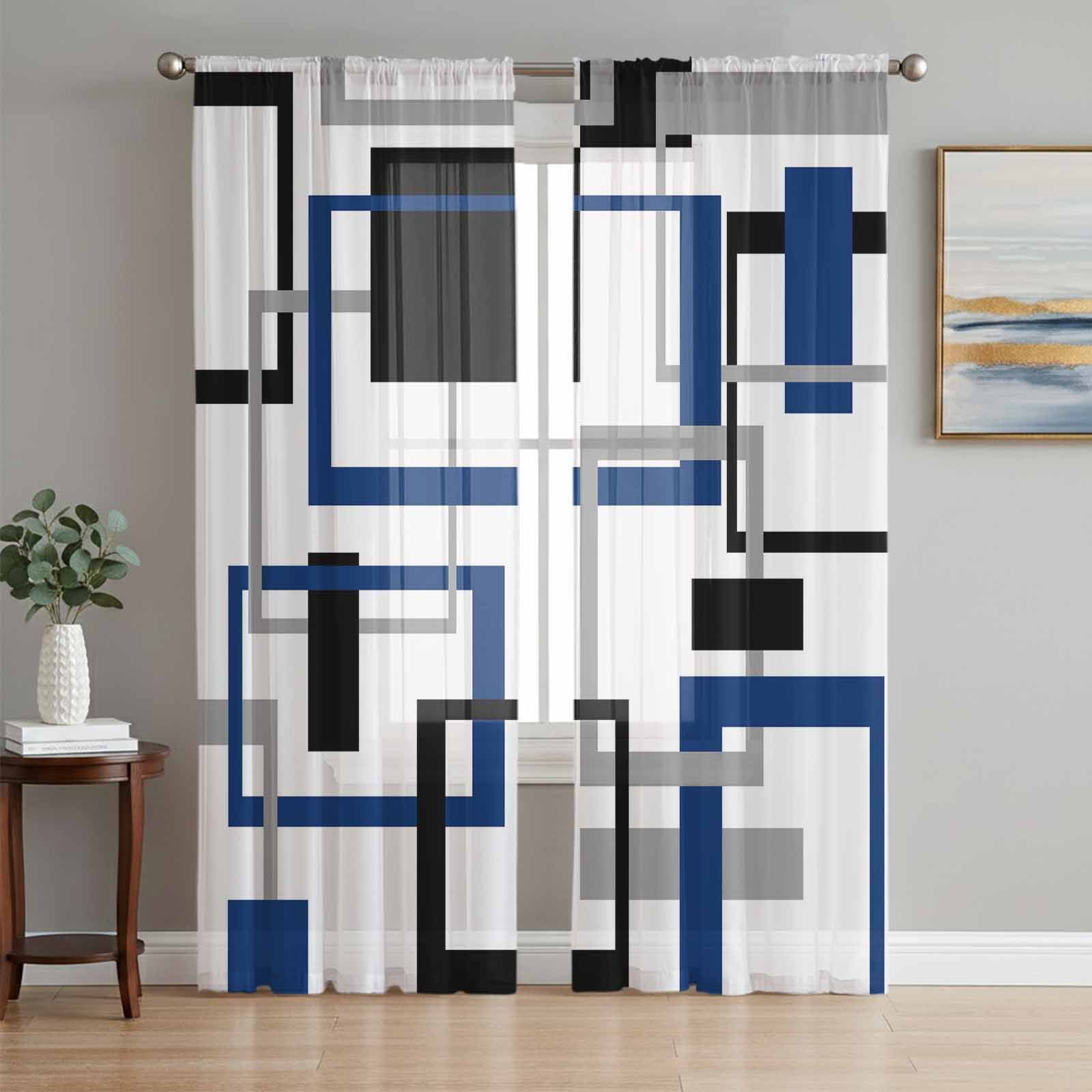 Blue Black Geometric Sheer Curtains 84 Inch Length 2 Panels Set, Modern ...