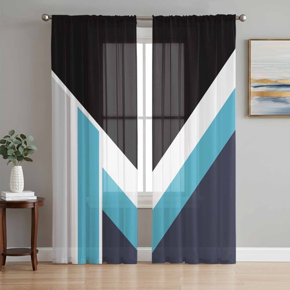 Blue Black Geometric Sheer Curtains for Living Room Bedroom Modern ...