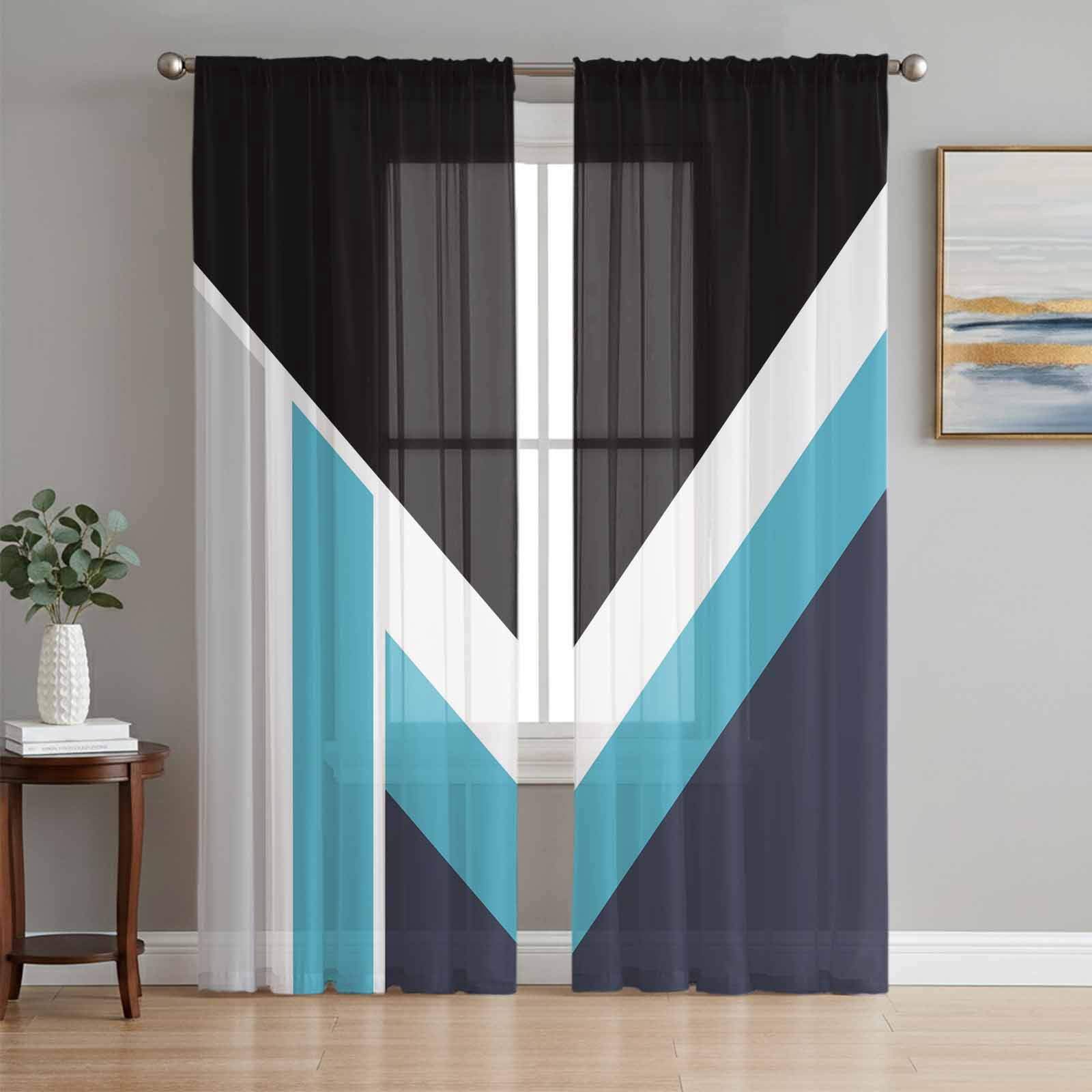 Blue Black Geometric Sheer Curtains for Living Room Bedroom Modern ...