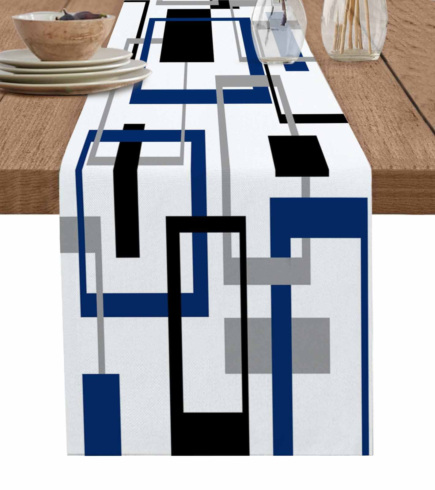 Blue Black Geometric Table Runner 72 Inches, Modern Minimalist Stripes ...
