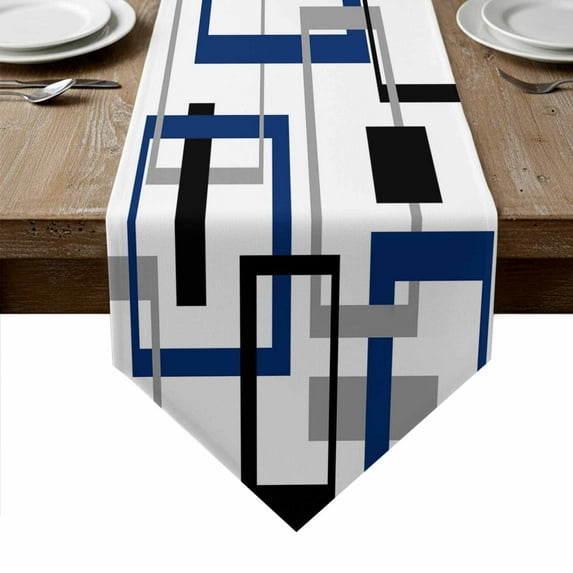 Blue Black Geometric Table Runner Linen Burlap Table Runner 36 Inches ...