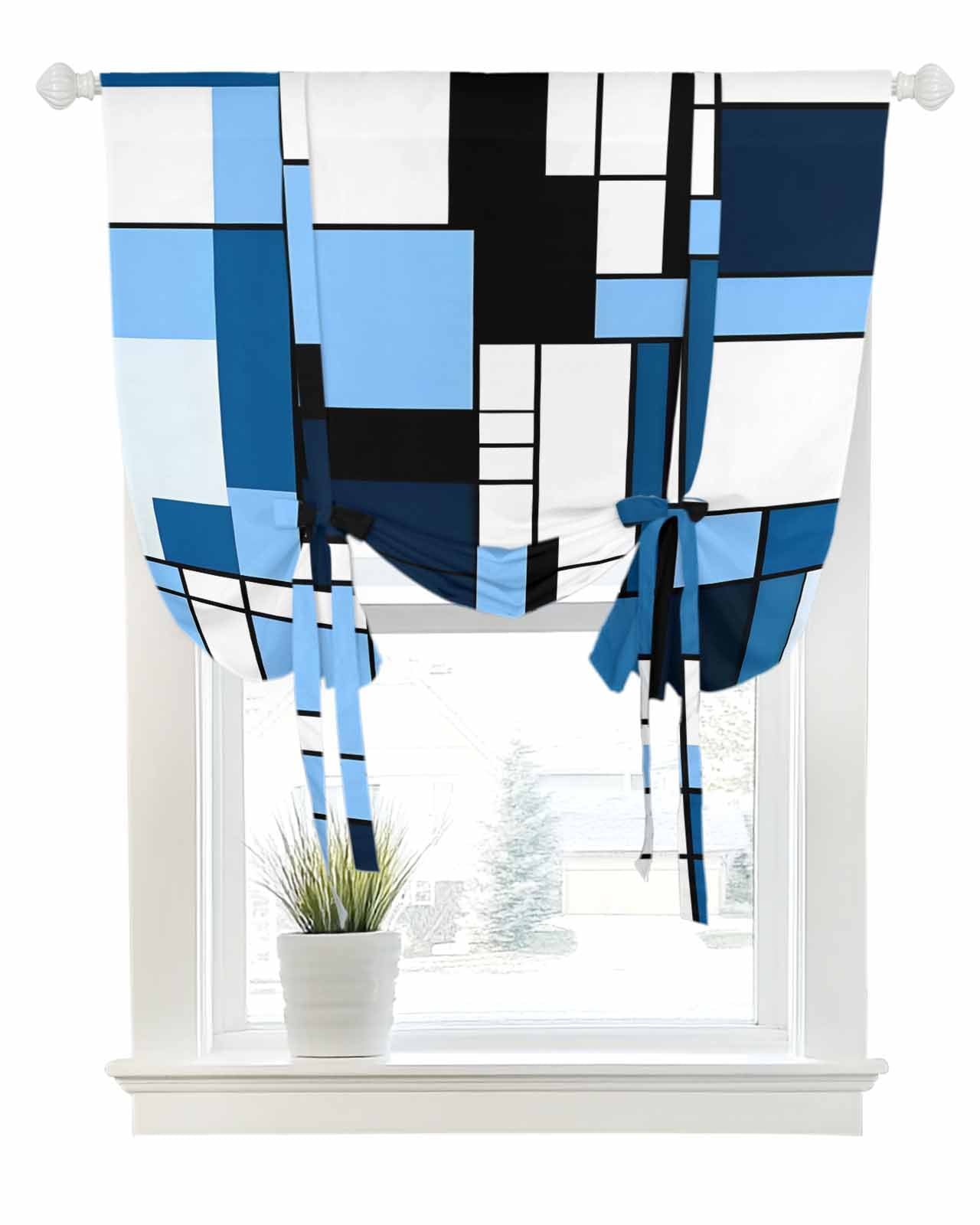 Blue Black Geometric Tie Up Curtains for Window, Thermal Insulted Balloon Shade Adjustable Rod ...