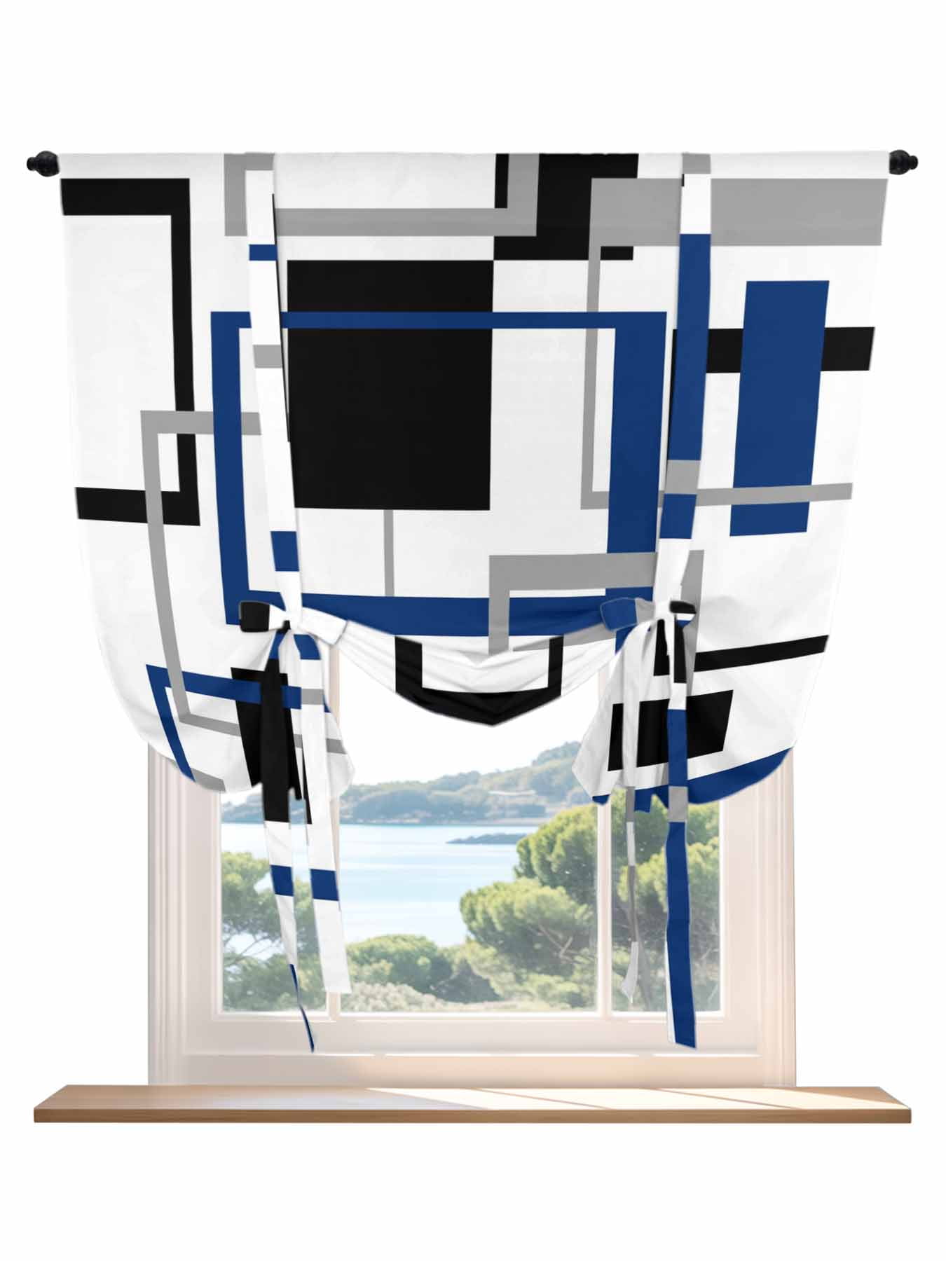 Blue Black Geometric Tie Up Curtains for Windows 54 Inch Length Balloon ...