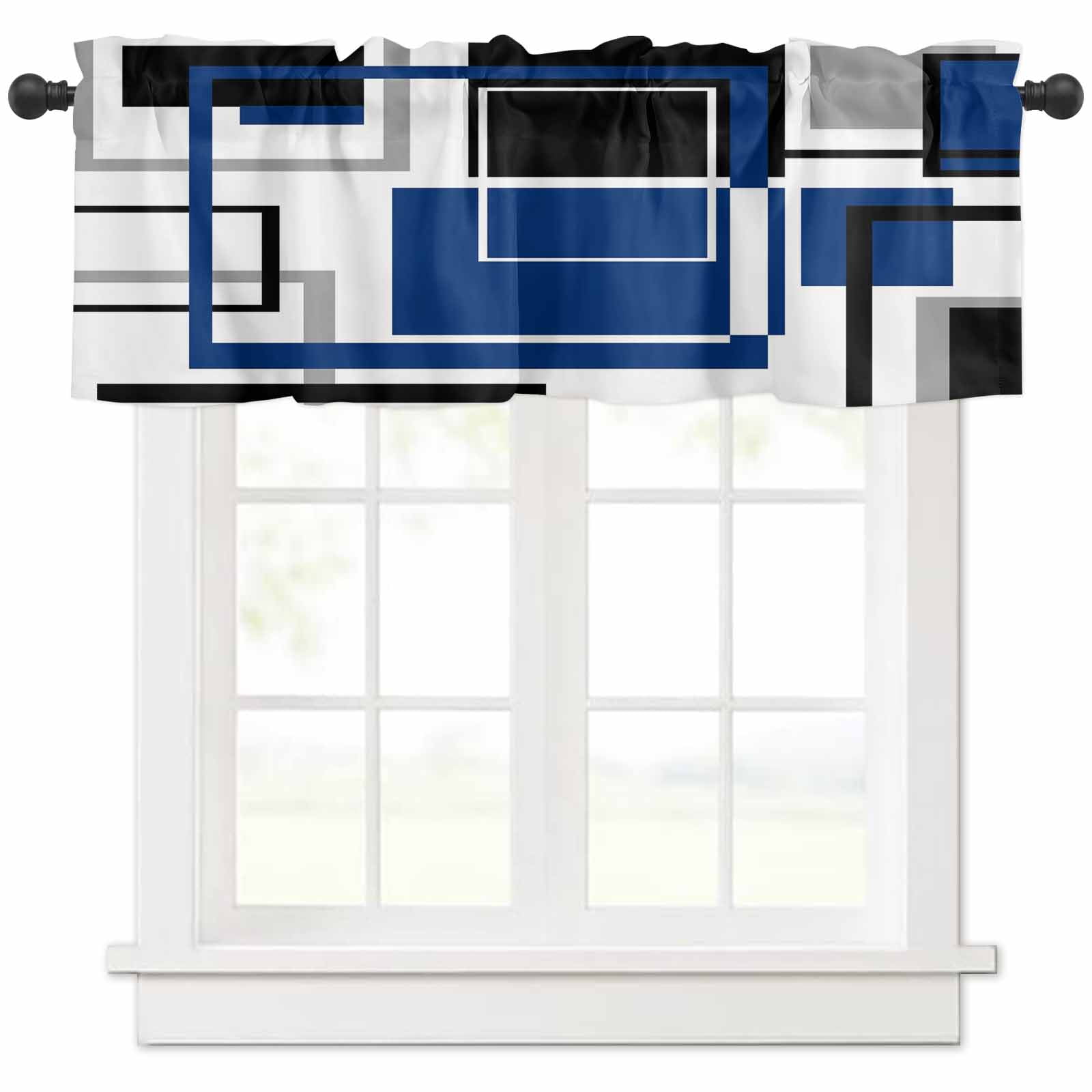 Blue Black Geometric Valances for Windows Farmhouse Kitchen Curtains ...