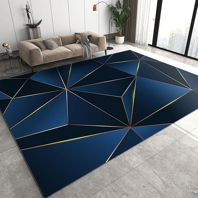 Blue Black Geometry Area Rug, Luxurious Golden Line Art Large Rugs ...