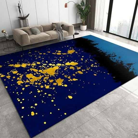 Blue Black Gold Ink Texture Area Rug, Vintage Watercolor Abstract ...