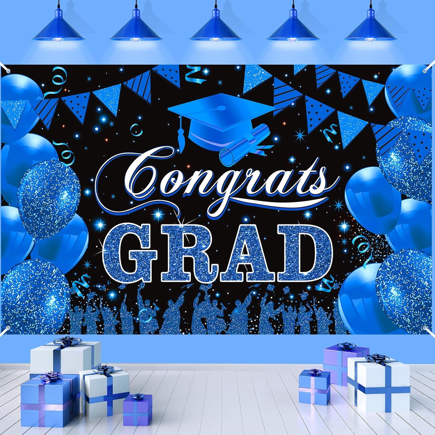 Blue Black Graduation Party Decorations Banner, Large Blue Congrats ...