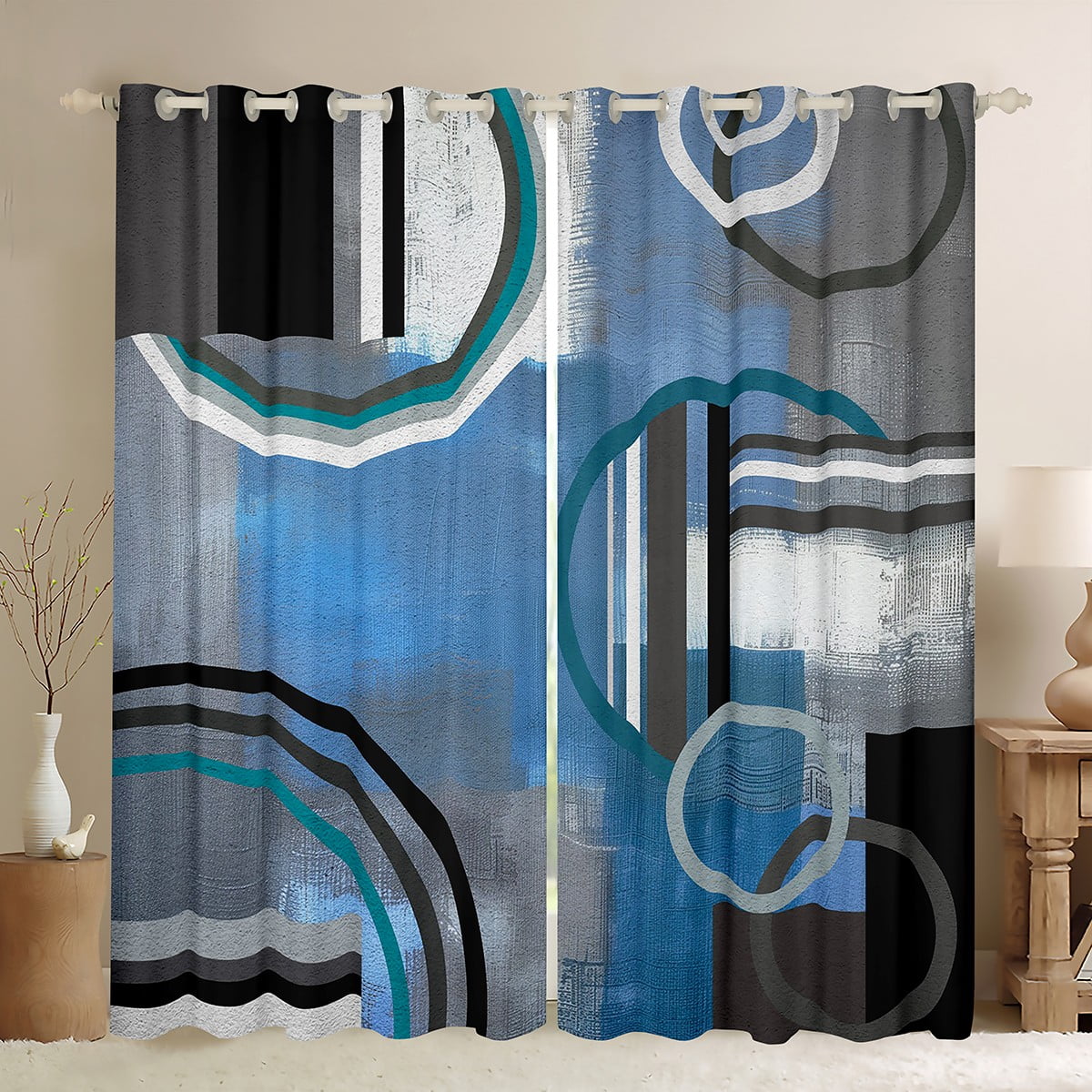 Blue Black Gray Blackout Curtains,Ombre Watercolor Geometry Curtains ...