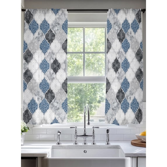 Blue Black Gray Moroccan Pattern Chiffon Sheer Curtains 72 Inches Long ...