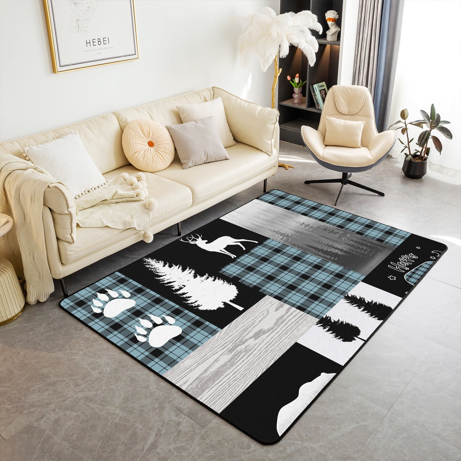 Blue Black Grey Buffalo Grid Area Rug 5x7 for Living Room Home Office,Bear Elk Deer Rug Western ...