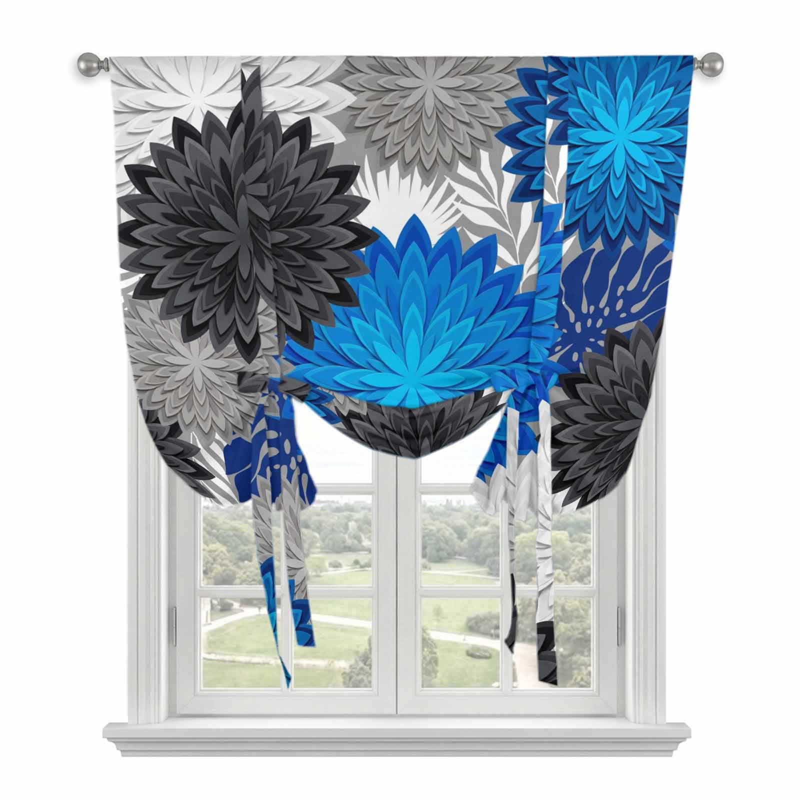 Blue Black Grey Flowers Tie Up Curtains for Window, Thermal Insulated ...
