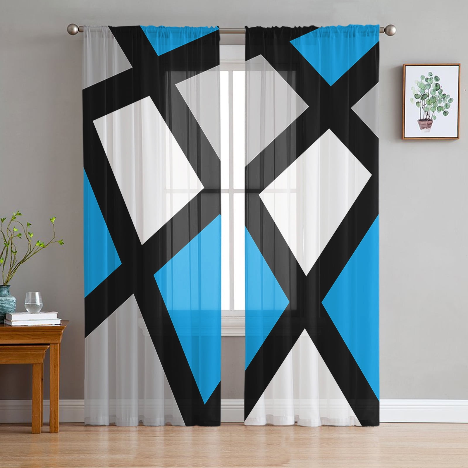 Blue Black Grey Geometric Square Voile Sheer Curtains Living Room ...