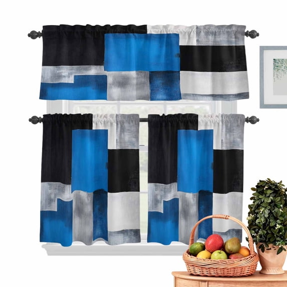 Blue Black Grey Kitchen Curtains Valances 3 Piece Set, Abstract ...