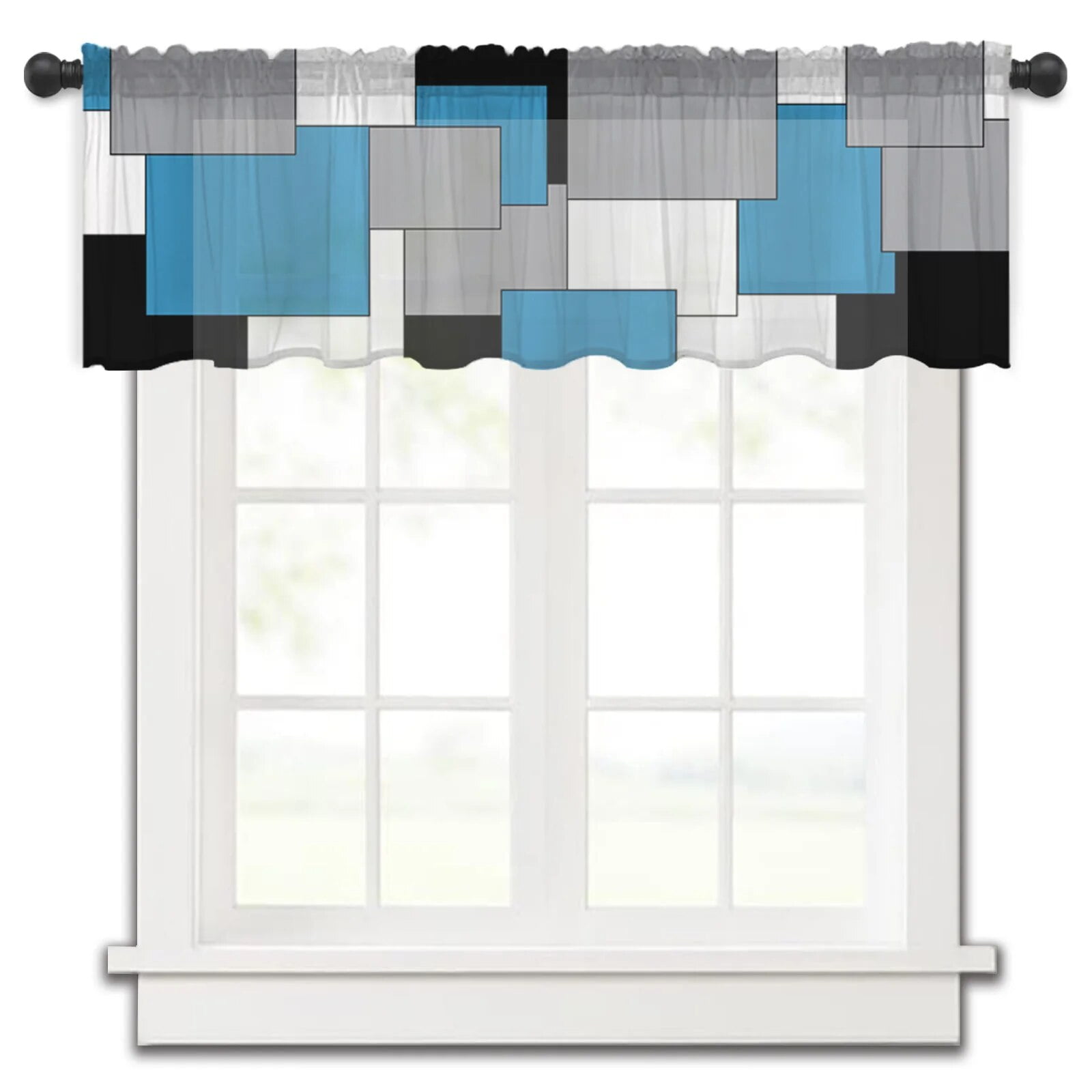 Blue Black Grey Patchwork Abstract Art Medieval Style Sheer Curtains ...