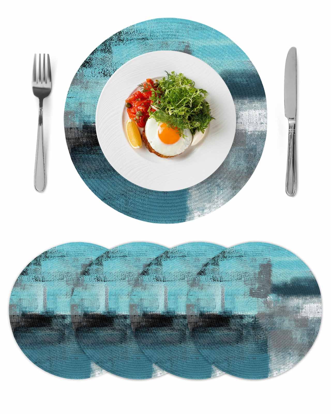 Blue Black Grey Round Table Placemats set of 4, Abstract Paint Texture ...