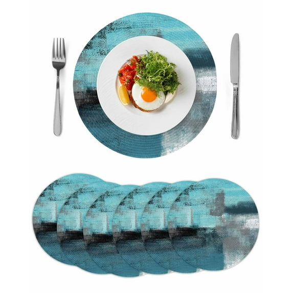 Blue Black Grey Round Table Placemats set of 6, Abstract Paint Texture ...